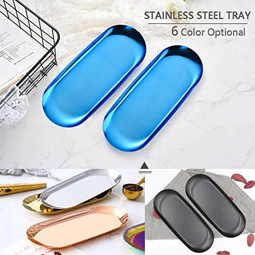 2 Pack 9in Stainless Steel Storage Tray, Premium Metal Organizer Plate to Hold Fruit, Tea, Cosmetics, Jewelry, Oval Stainless Steel Towel Tray for Vanity, Bathroom, Closets (Silver)