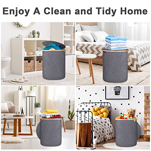 SUPDEJA 90L Laundry Hamper with Lid - Large Laundry Basket with Bamboo Handles, Dirty Clothes Hamper for Laundry, Oxford Tall Round Laundry Baskets for Bathroom and Bedroom