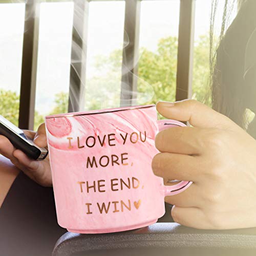 OEAGO Valentines Day Gifts for Her Him Women Mom Wife Girlfriend Funny Gifts Cups 12 oz Marble Pink Coffee Mugs Birthday Gifts Print I Love You More The End I Win