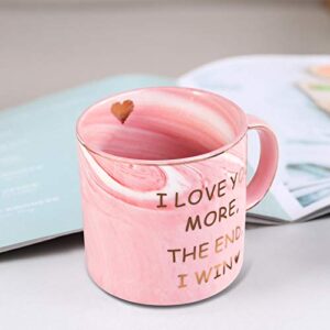 OEAGO Valentines Day Gifts for Her Him Women Mom Wife Girlfriend Funny Gifts Cups 12 oz Marble Pink Coffee Mugs Birthday Gifts Print I Love You More The End I Win