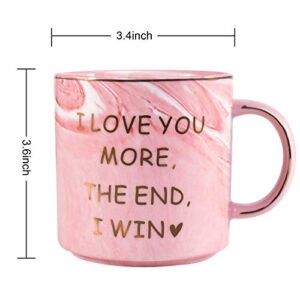 OEAGO Valentines Day Gifts for Her Him Women Mom Wife Girlfriend Funny Gifts Cups 12 oz Marble Pink Coffee Mugs Birthday Gifts Print I Love You More The End I Win