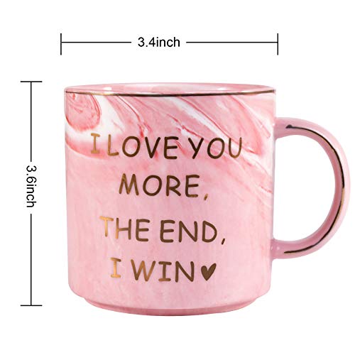 OEAGO Valentines Day Gifts for Her Him Women Mom Wife Girlfriend Funny Gifts Cups 12 oz Marble Pink Coffee Mugs Birthday Gifts Print I Love You More The End I Win