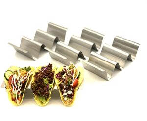 taco holder - taco stand stainless steel set of 4, dishwasher, oven and grill safe, easy to clean and folded up for compact storage, nacho trays for taco tuesday dinner party