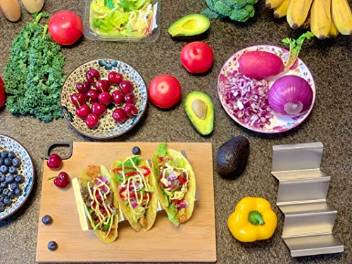 Taco Holder - Taco Stand Stainless Steel Set of 4, Dishwasher, Oven and Grill Safe, Easy to Clean and Folded Up for Compact Storage, Nacho Trays for Taco Tuesday Dinner Party