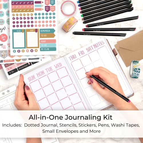 Ultimate All-in-One Journaling Kit - Incl. Dotted Journal, Stencils, Stickers, Pens, Washi Tapes, Small Envelopes and More Bullet Checklist Supplies