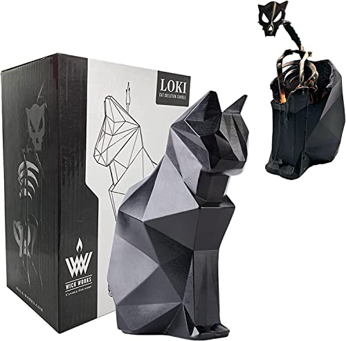 Wick Works Loki Cat Skeleton Candle | Reveal Polished Steel Frame | 7” H | Longest Burn Time! | Beautiful Gift Box | Home or Office Decor| Unique Gifts for Cat, Animal, Art Lovers (Black, Cedar)