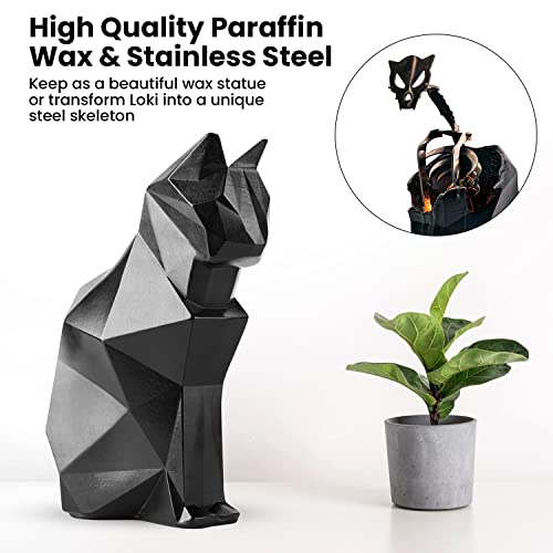 Wick Works Loki Cat Skeleton Candle | Reveal Polished Steel Frame | 7” H | Longest Burn Time! | Beautiful Gift Box | Home or Office Decor| Unique Gifts for Cat, Animal, Art Lovers (Black, Cedar)