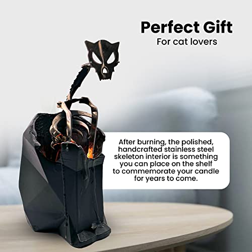 Wick Works Loki Cat Skeleton Candle | Reveal Polished Steel Frame | 7” H | Longest Burn Time! | Beautiful Gift Box | Home or Office Decor| Unique Gifts for Cat, Animal, Art Lovers (Black, Cedar)