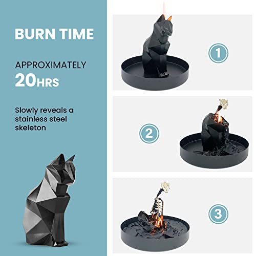 Wick Works Loki Cat Skeleton Candle | Reveal Polished Steel Frame | 7” H | Longest Burn Time! | Beautiful Gift Box | Home or Office Decor| Unique Gifts for Cat, Animal, Art Lovers (Black, Cedar)