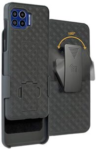 case with clip for moto one 5g, nakedcellphone [black tread] kickstand cover with [rotating/ratchet] belt hip holster combo for motorola moto one 5g phone (xt2075)