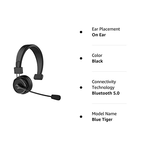 Blue Tiger Elite Ultra Wireless Bluetooth Headset – Trucker and Office Professional Headset - Noise Cancellation Bluetooth 5.0 Headset – 60 Hours Talk Time, 1200 Hours Standby