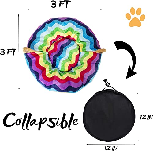 LUCKITTY Large Cat Tunnel Bed with Plush Cover,Fluffy Toy Balls, Small Cushion and Flexible Design- 10 inch Diameter, 3 ft Length- Great for Cats, and Small Dogs, Rainbow Wave Color