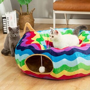 LUCKITTY Large Cat Tunnel Bed with Plush Cover,Fluffy Toy Balls, Small Cushion and Flexible Design- 10 inch Diameter, 3 ft Length- Great for Cats, and Small Dogs, Rainbow Wave Color