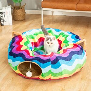 LUCKITTY Large Cat Tunnel Bed with Plush Cover,Fluffy Toy Balls, Small Cushion and Flexible Design- 10 inch Diameter, 3 ft Length- Great for Cats, and Small Dogs, Rainbow Wave Color