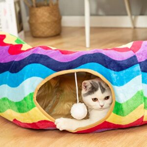 LUCKITTY Large Cat Tunnel Bed with Plush Cover,Fluffy Toy Balls, Small Cushion and Flexible Design- 10 inch Diameter, 3 ft Length- Great for Cats, and Small Dogs, Rainbow Wave Color