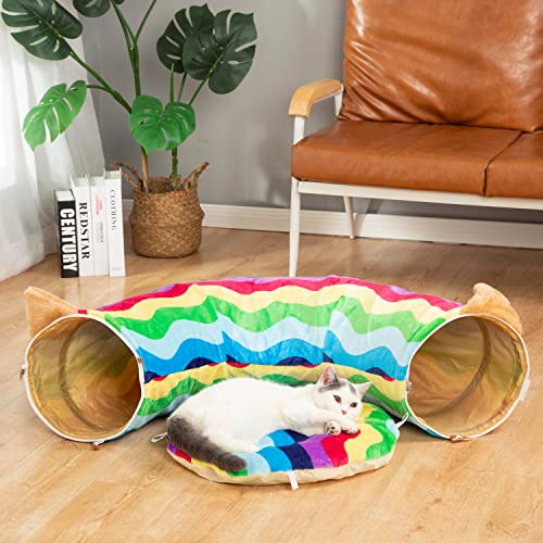 LUCKITTY Large Cat Tunnel Bed with Plush Cover,Fluffy Toy Balls, Small Cushion and Flexible Design- 10 inch Diameter, 3 ft Length- Great for Cats, and Small Dogs, Rainbow Wave Color