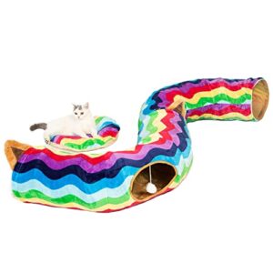 LUCKITTY Large Cat Tunnel Bed with Plush Cover,Fluffy Toy Balls, Small Cushion and Flexible Design- 10 inch Diameter, 3 ft Length- Great for Cats, and Small Dogs, Rainbow Wave Color