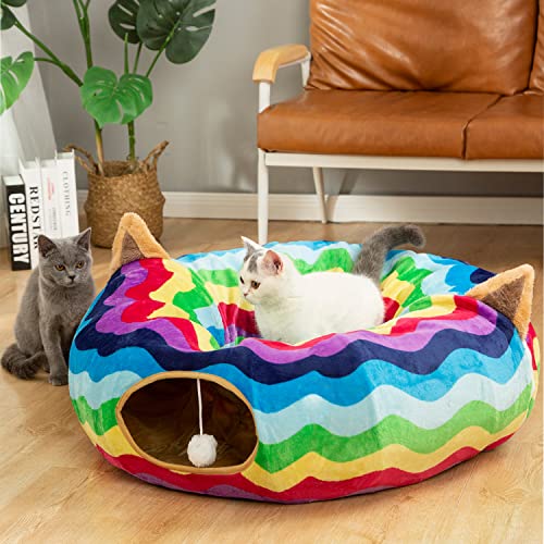 LUCKITTY Large Cat Tunnel Bed with Plush Cover,Fluffy Toy Balls, Small Cushion and Flexible Design- 10 inch Diameter, 3 ft Length- Great for Cats, and Small Dogs, Rainbow Wave Color