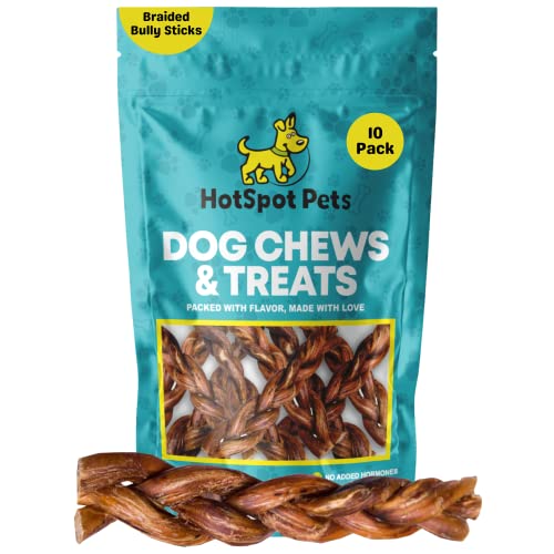 hotspot pets Braided Bully Sticks for Dogs - Premium All Natural Long Lasting Twisted Beef Pizzle Dog Chew Treats - Grain Free Fully Digestible Rawhide Alternative - 6 Inch Stix (10 Pack)