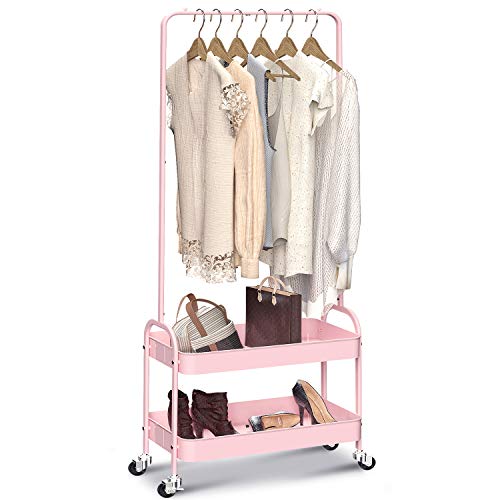 KINGRACK 2-in 1 Garment Rack, Clothing Rack with 2 Tier Metal Basket, Rolling Storage Cart Clothes Organizer Coat Rack Storage Stand on Wheels, for Home Bedroom Laundry Small Place Entryway, Pink