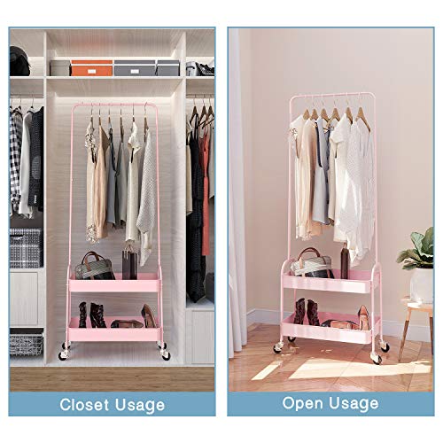 KINGRACK 2-in 1 Garment Rack, Clothing Rack with 2 Tier Metal Basket, Rolling Storage Cart Clothes Organizer Coat Rack Storage Stand on Wheels, for Home Bedroom Laundry Small Place Entryway, Pink