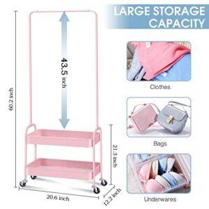 KINGRACK 2-in 1 Garment Rack, Clothing Rack with 2 Tier Metal Basket, Rolling Storage Cart Clothes Organizer Coat Rack Storage Stand on Wheels, for Home Bedroom Laundry Small Place Entryway, Pink