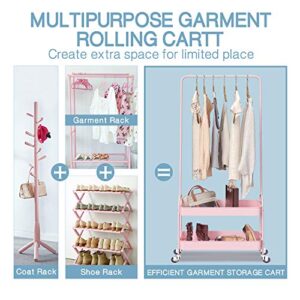 KINGRACK 2-in 1 Garment Rack, Clothing Rack with 2 Tier Metal Basket, Rolling Storage Cart Clothes Organizer Coat Rack Storage Stand on Wheels, for Home Bedroom Laundry Small Place Entryway, Pink