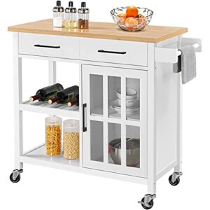 yaheetech kitchen island on wheels with drawers, rolling kitchen cart with tempered glass storage cabinet door, bamboo top, 2 tiers shelves, and towel rack, 40x18x36 inches, white