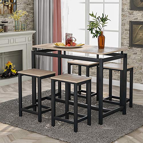 Rockjame Dining Table Set, Upgrade Version 5 Piece Counter Height Pub Table Set with 4 Chairs for The Bar, Breakfast Nook, Kitchen Room, Dining Room and Living Room (Oak)