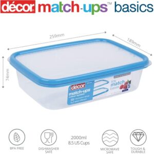 Décor Match-ups Basics Oblong 2L|Food Storage Pantry Container |Ideal for Meal Prep| BPA Free|Dishwasher, Freezer & Microwave Safe, Clear/Blue