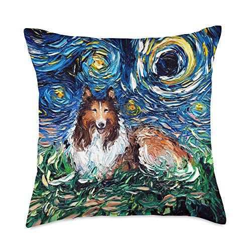 Sagittarius Gallery Standard Rough Collie Starry Night Dog Animal Art by Aja Throw Pillow, 18x18, Multicolor