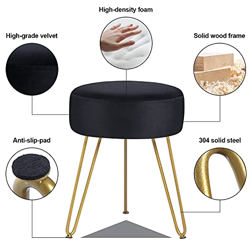 GERANT Multifunctional Vanity Stools - Velvet Round Ottoman Modern Dressing Stool -Upholstered Footrest Stool - Side Table Footstool  with Golden Metal Leg for Living Room, Bedroom (Black)