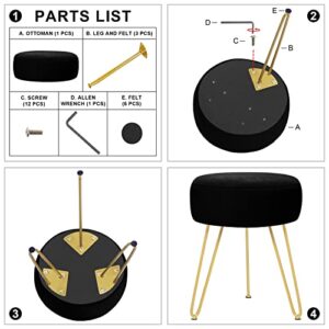 GERANT Multifunctional Vanity Stools - Velvet Round Ottoman Modern Dressing Stool -Upholstered Footrest Stool - Side Table Footstool  with Golden Metal Leg for Living Room, Bedroom (Black)