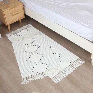 Boho Hand Woven Bathroom Rug Fringe Rug for Bedroom Cotton Woven Tassel Throw Rug， Moroccan Accent Tribal Decorative Throw Floor Carpet , Exquisite Geometric Minimalist Style (2.0 ft x 3.0 ft, White)