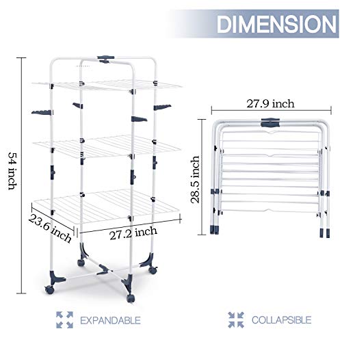 TOOLF Clothes Drying Rack, 3-Tier Collapsible Laundry Rack Stand Garment Drying Station with Wheels and 4 Hooks, Indoor-Outdoor Use, for for Bed Linen, Clothing, Socks, Scarves