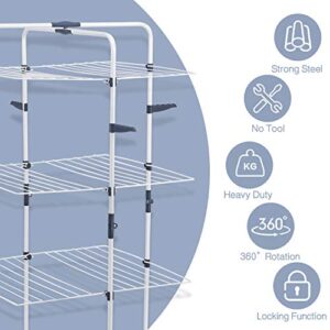 TOOLF Clothes Drying Rack, 3-Tier Collapsible Laundry Rack Stand Garment Drying Station with Wheels and 4 Hooks, Indoor-Outdoor Use, for for Bed Linen, Clothing, Socks, Scarves