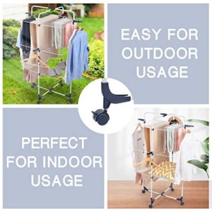 TOOLF Clothes Drying Rack, 3-Tier Collapsible Laundry Rack Stand Garment Drying Station with Wheels and 4 Hooks, Indoor-Outdoor Use, for for Bed Linen, Clothing, Socks, Scarves