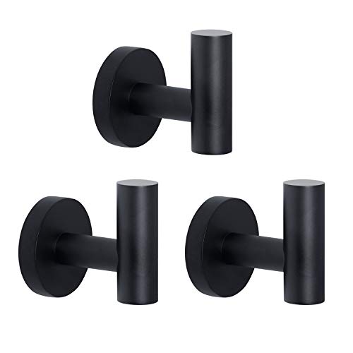 HouseAid Stainless Steel Towel Hooks for Bathroom Modern Heavy Duty Robe Hook Holder Wall Mounted Matte Black (3 Pack)