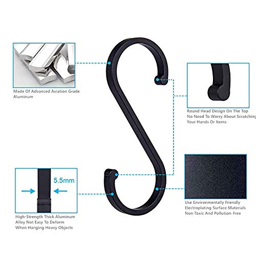 10Pcs S Hook Black S Shaped Hooks Aluminum S Shaped Hooks Heavy Duty S Hanging Hooks Lightweight S Utility Hooks for Pots,Pans,Plants,Cups,Clothes,Towels,Kitchen,Bedroom,Bathroom,Office and Garden