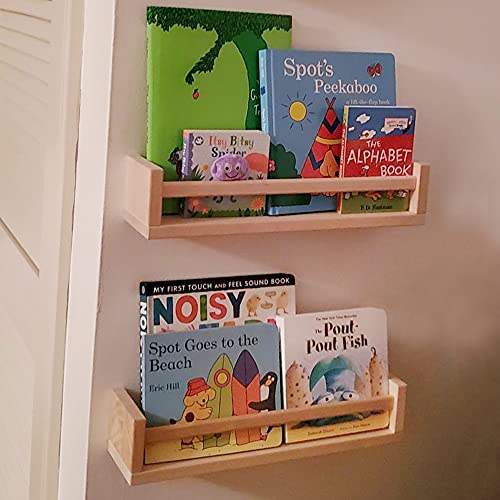 CRAZYMOTO 4 Pack Kids Bookshelf Naturel Wood Floating Nursery Bookshelf Wall Shelves, Baby Kid's Nursery Room Decor,Bathroom, Kitchen Spice Rack, or Book Shelf Organizer Cosmetic Storage