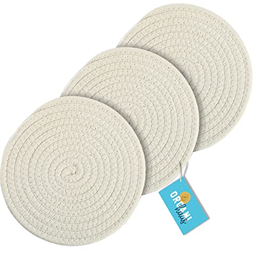 OrganiHaus Set of 3 White Woven Trivets for Hot Dishes | 7" Cotton Pot Holder for Hot Plates to Protect Table | Dining Table Hot Pads for Kitchen | Hot Bowl Holder | Trivets for Hot Pots and Pans