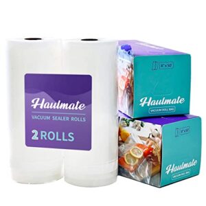 haulmate vacuum seal bags (set of 2) - 8"x50" food saver vacuum sealer bags rolls with roll cutter, maximum airtight sealer suction, 7-layer pierce-resistant material, clamp vacuum sealer compatible