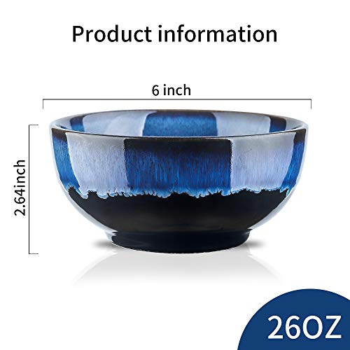 KOOV 24 Ounce Soup Bowl Set, Porcelain Cereal Bowls Microwave And Dishwasher Safe, Ceramic Kitchen Bowls For Oatmeal Breakfast, Chip, Rice, Reactive Glaze Set of 4 (Nebule Blue)