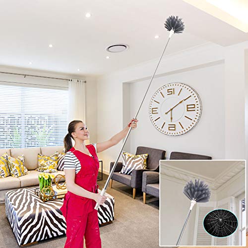 Uwilowe Microfiber Duster with Extension Pole 30 to 100"(Stainless Steel), Ceiling Fan Duster with 2 Replacement Cleaning Heads, Extendable Long Dusters for Cleaning Furniture, Vents, Car