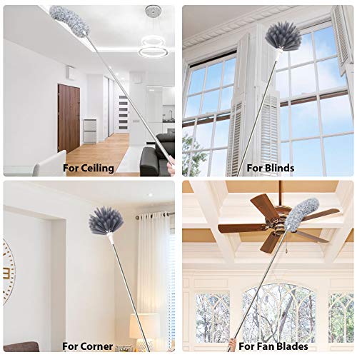 Uwilowe Microfiber Duster with Extension Pole 30 to 100"(Stainless Steel), Ceiling Fan Duster with 2 Replacement Cleaning Heads, Extendable Long Dusters for Cleaning Furniture, Vents, Car