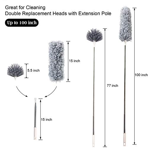 Uwilowe Microfiber Duster with Extension Pole 30 to 100"(Stainless Steel), Ceiling Fan Duster with 2 Replacement Cleaning Heads, Extendable Long Dusters for Cleaning Furniture, Vents, Car