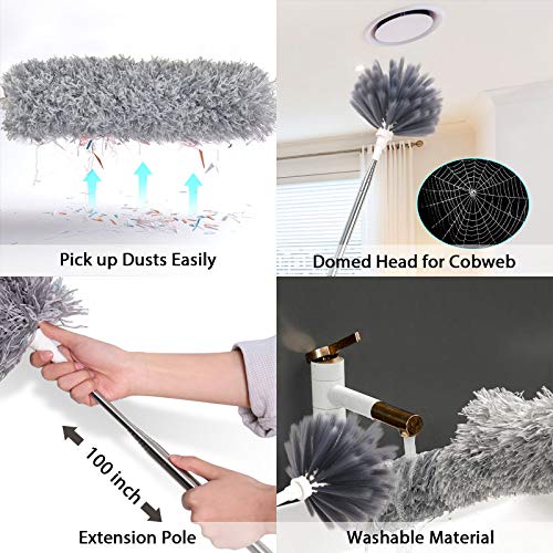 Uwilowe Microfiber Duster with Extension Pole 30 to 100"(Stainless Steel), Ceiling Fan Duster with 2 Replacement Cleaning Heads, Extendable Long Dusters for Cleaning Furniture, Vents, Car