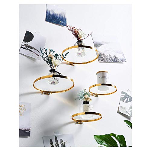 Floating Shelves Wall Mounted, Circular Wall Hanging Iron and Glass Golden Shelf, Home Decoration Accessories Wall Decor, for Bedroom, Living Room, Bathroom, Kitchen, Office