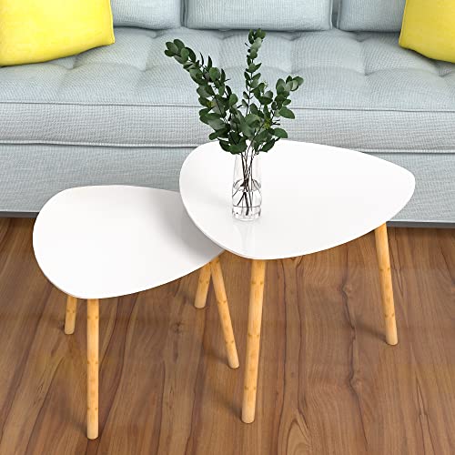 Bamboo White Nesting End Table - Side Tables Living Room Tables, Nesting Tables Set of 2 Small Coffee Table, Modern Minimalist Triangle Center Table for Sofa Bedside Bedroom Apartment Ofiice