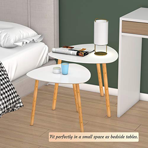 Bamboo White Nesting End Table - Side Tables Living Room Tables, Nesting Tables Set of 2 Small Coffee Table, Modern Minimalist Triangle Center Table for Sofa Bedside Bedroom Apartment Ofiice